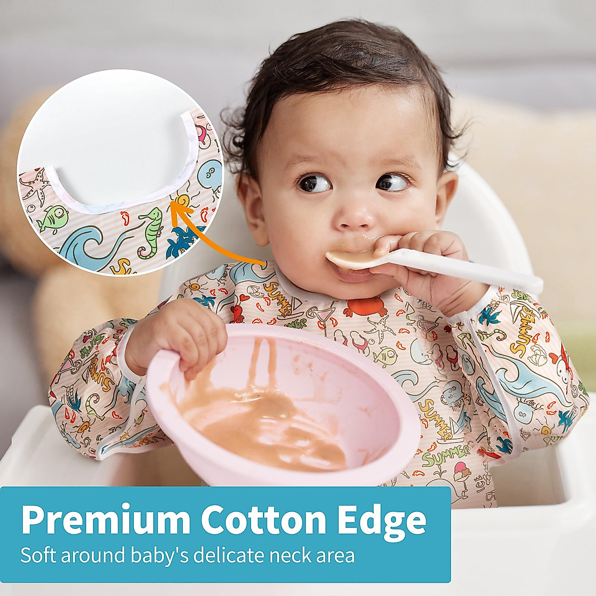 3 Pcs Long Sleeved Bib Set | Baby Waterproof Bibs with Pocket Bundle | Toddler Bib with Sleeves and Crumb Catcher | Stain and Odor Resistance Play Smock Apron - Pack of 3 | 6-24 Months