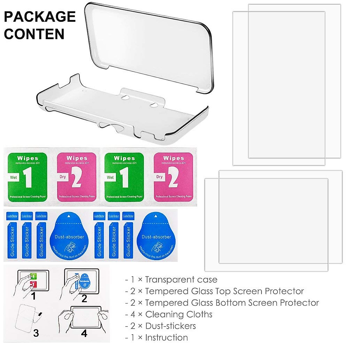 Hard Case Compatible New 2DS XL with 2 Packs Screen Protector, AFUNTA Anti-Scratch Crystal Clear Case, with 4 Pcs Tempered Glass Protective Films for Top and Bottom Screen