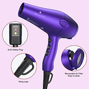Wazor 3rd Generation Lightweight Low Noise Hair Dryer,(1875W Tourmaline Ceramic Negative Ionic Blow Dryer 2 Speed 3 Heat Settings Cool Shot with Diffuser Concentrator(Purple)