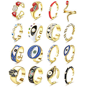 Sanfenly 16Pcs Evil Eye Ring Colorful Enamel Rings Set for Women Gold Plated Chunky Aesthetic Trendy Cubic Zirconia Adjustable Open Ring Lucky Protection Jewelry