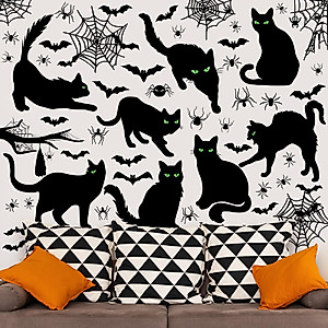 Chivertion 6 Sheets 101 Pcs Halloween Black Cat Wall Sticker Decoration Bats Spiders Web Scary Decals Removable Double Side Wall Window Sticker for Halloween Party Supplies