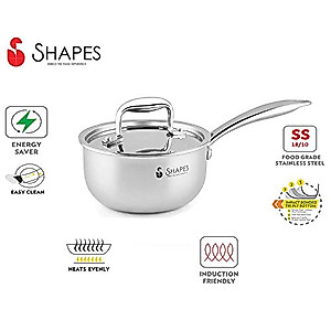 Shapes Stainless Steel Tri-Ply Saucepan - 1 Quart, Silver - Multipurpose Sauce Pan, Cooking Pot - Use for Home, Kitchen and Restaurant - Induction Ready - Easy to Clean and Dishwasher Safe