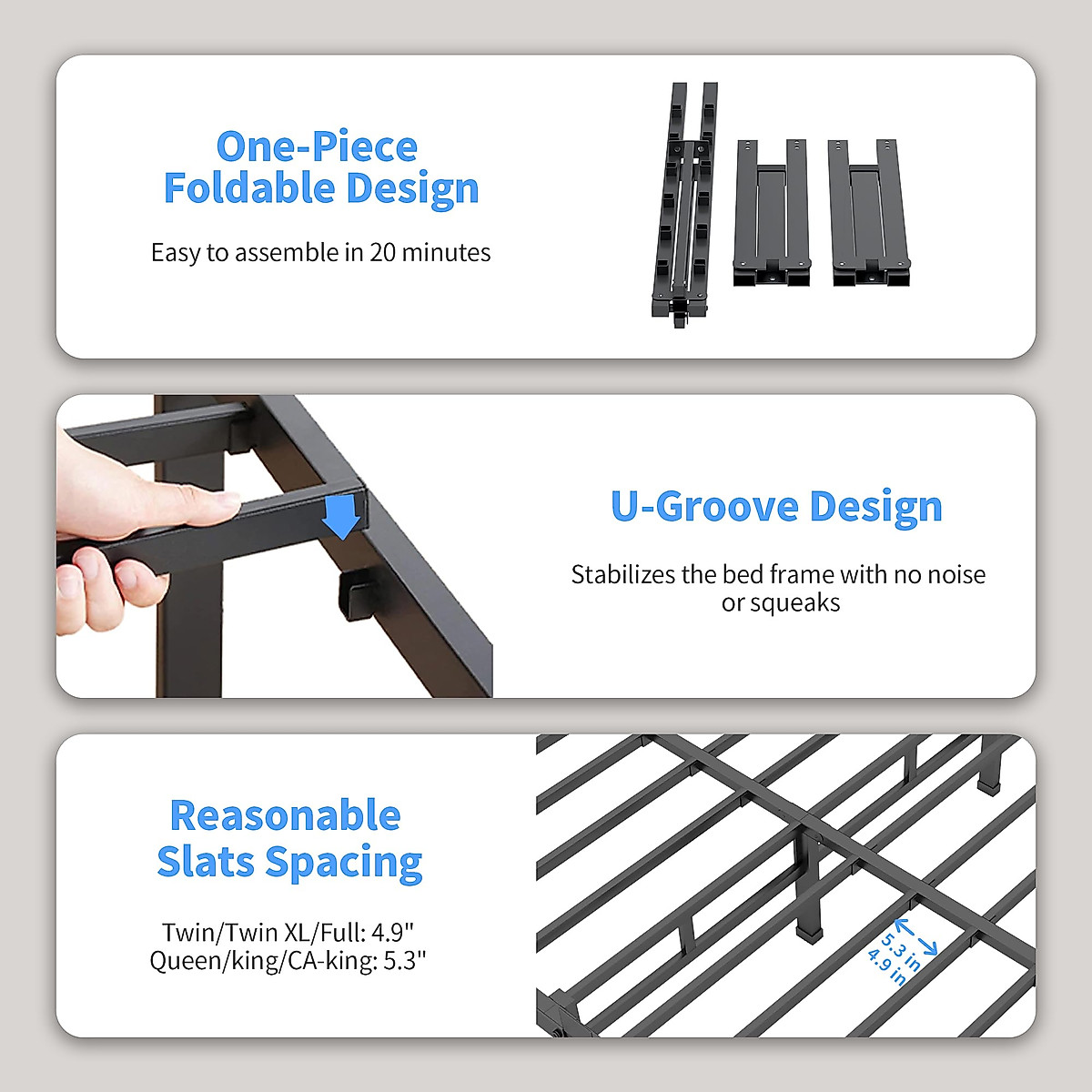 ROIL 14 Inch Queen Size Bed Frame with Mattress Slide Stopper - Double Black Basic Anti Squeak Steel Slats Metal Platform, Heavy Duty Noise Free Easy Assembly Bedframes, No Box Spring Needed