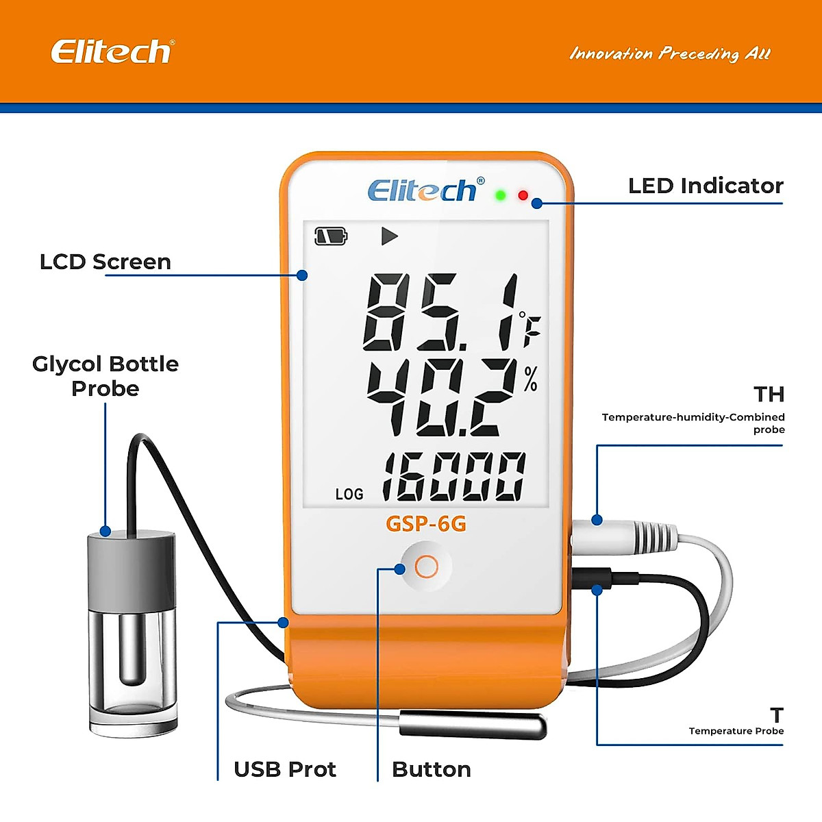 Elitech Digital Temperature Humidity Data Logger Medical Refrigerator Thermometer Vaccine Fridge Temperature Monitor Max Min Value GSP-6G