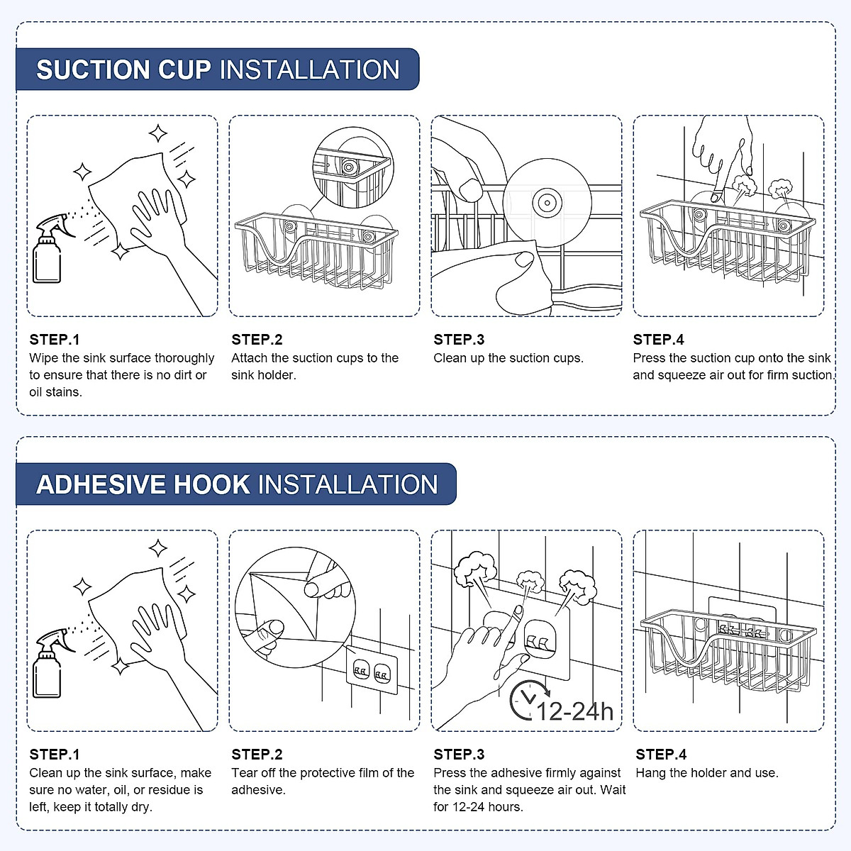 Sponge Holder for Kitchen Sink with Adhesive Hook & Suction Cups - 2 IN 1 Sink Caddy for Sponges, Dish Brush, Scrubbers, Soap - 304 Stainless Steel Kitchen Bathroom Organizer Accessories - Polished