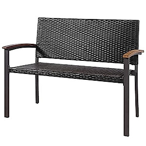 Tangkula Outdoor Stackable Bench, All-Weather PE Wicker Loveseat with Acacia Wood Armrests, 2-Person Heavy Duty Metal Frame Patio Bench, for Garden, Front Porch, Courtyard