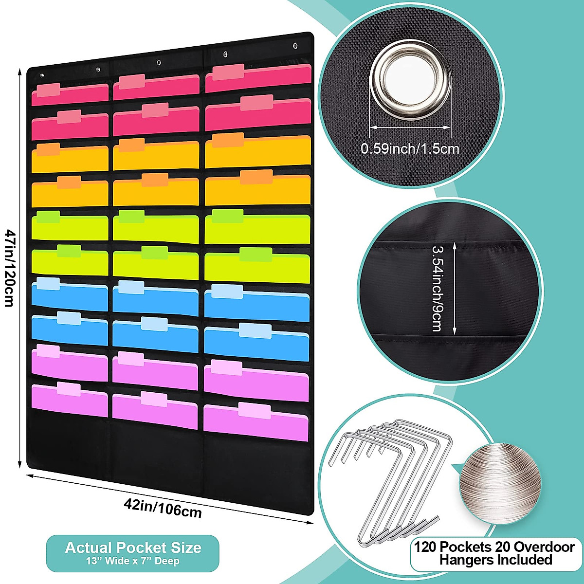 Geyee 4 Pack Wall Hanging File Folders Organizer, Heavy Duty Storage Pocket Chart, Over Door Hangers Included, Hanging Wall Paper Organizer Holder for School Classroom Office Home(30 Pocket)