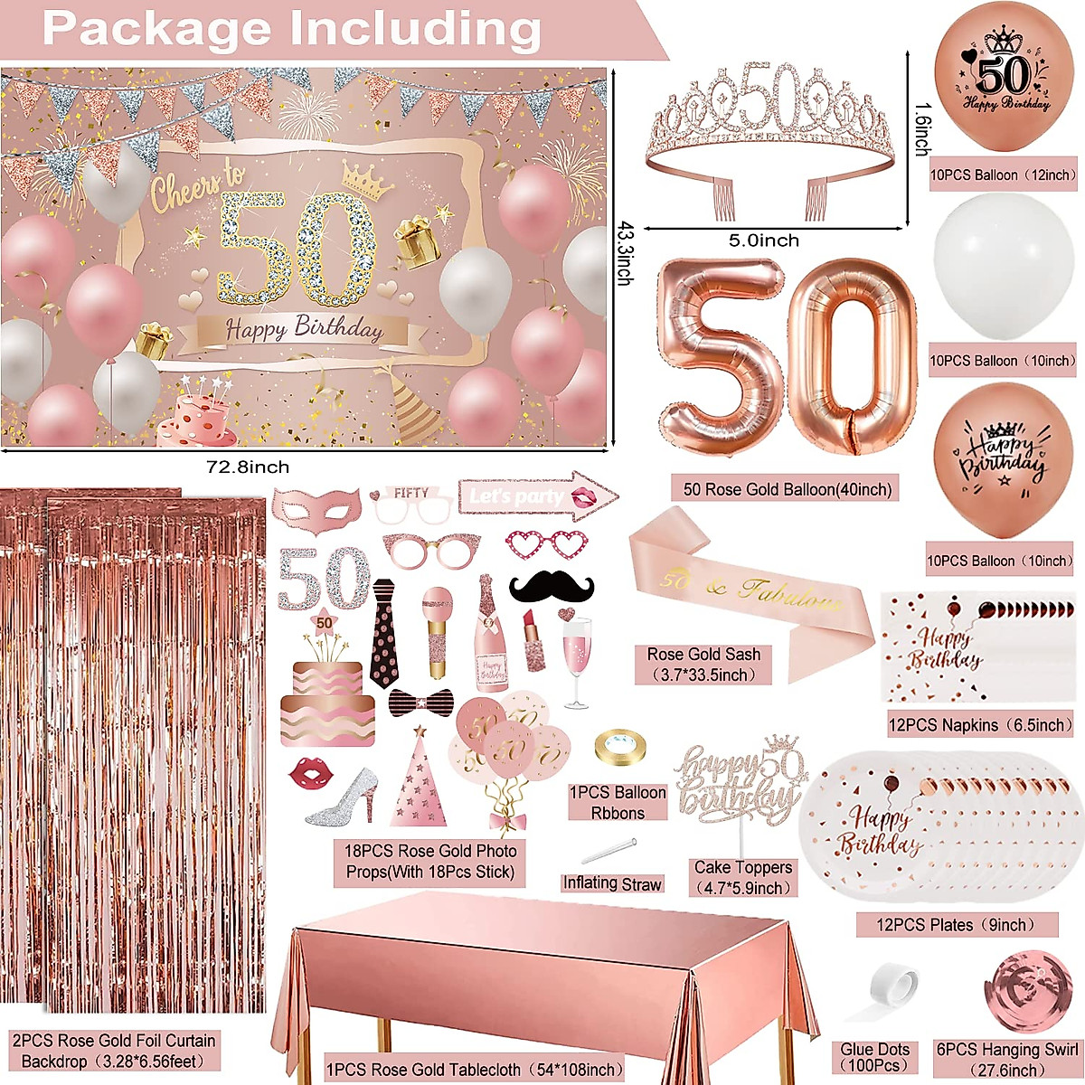 50th Birthday Decorations for Women,90 PCS Rose Gold 50th and Fabulous Birthday Decorations,Including Happy 50th Birthday Banner Backdrop,Crown,Hanging Swirl, birthday Balloons, Foil Backdrops,Cake Toppers, Plates, Photo Props, Birthday Sash,50th Birthday