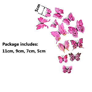 Tupalizy 12PCS Double Wings 3D Butterfly Wall Stickers Decals DIY Art Crafts Decorations for Windows Refrigerator Bedroom Classroom Bathroom Home Office Birthday Party Decor(Pink)