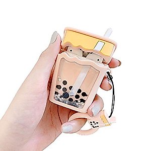Rertnocnf Compatible with Earbuds Case Airpods 1 & 2, Creative 3D Quickstand Moving Bling Glitter Pearl Milk Tea Cup Cute Soft Silicone Protective Wireless Earphone Charging Case Decoration