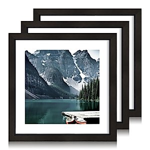Hongkee 10x10 Black Picture Frames set of 3, Made of Wooden and Real Glass Square Photo frame - Displays 8x8 Picture With Mat or 10 x 10 Without Mat, Desktop & Wall Collage Frame set