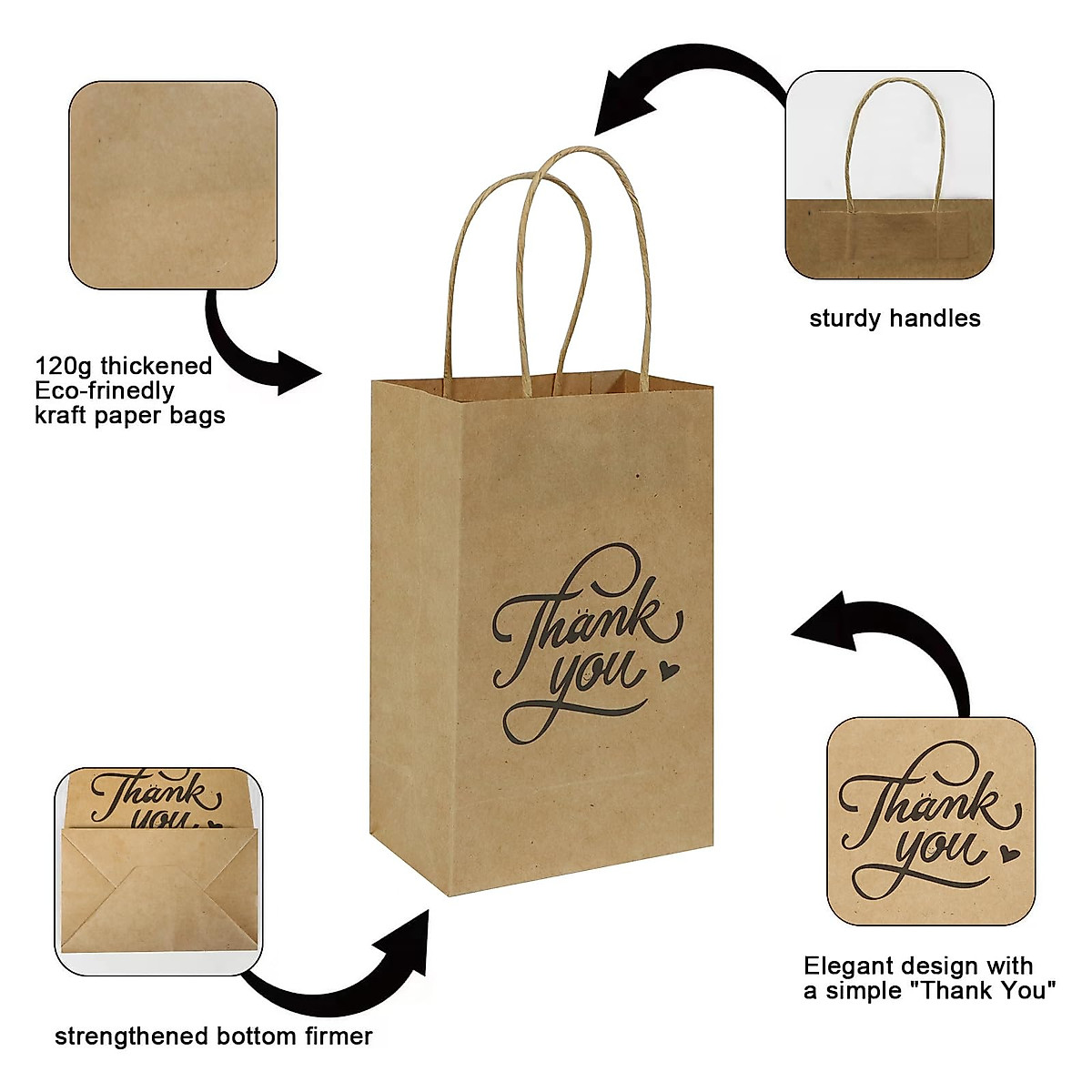 bagmad 50 Pack 5.25x3.25x8 Inch Small Brown Paper Gift Bags with Handles Bulk, Thank You Kraft Paper Bags for Party Favors Grocery Retail Shopping Wedding Craft Cub Sacks (Plain Natural, 50pcs)