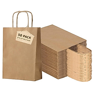 FACEBAG 50-Pack Brown Paper Bags with Handles Bulk, 8x4.25x10.5 Inches,Medium-sized Gift Bags with Handles for Party Favors，Take-Out，Grocery Shopping & Retail，Reusable & Durable