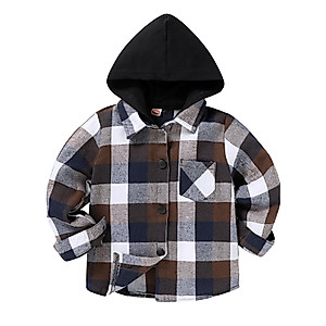 YOUNGER STAR Toddler KidsBaby Boys Hooded Plaid Shirt Classical Shirt Hooded Jacket Fall Winter Clothes (Brown, 6-12 Months)