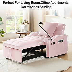 anwickjeff 3-in-1 Sofa Bed, Convertible Sleeper Chair Sofa Bed Adjustable Pull Out Sleeper Chair Bed Multi-Pockets Folding Sofa Bed for Living Room Bedroom Small Space (Pink)