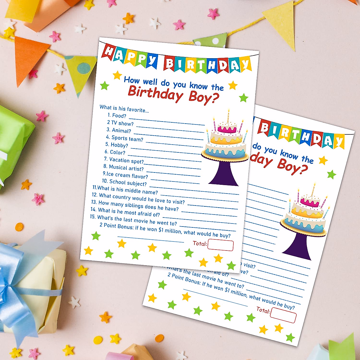 ALodr 20 How Well Do You Know The Birthday boy Game Cards - boy Birthday Party Activity Notebook Themed Party Decorations-Teens Kids Birthday Party Game - boy Birthday Supplies, Activity, Decorations