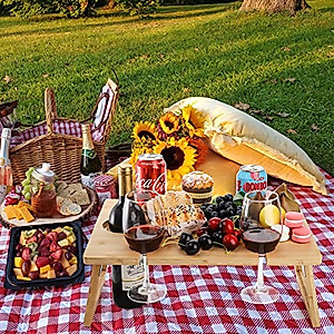 Peohud Portable Wine Picnic Table, Foldable Champagne Picnic Snack Table Tray, Wooden Outdoor Picnic Table with Glass Holder for Park, Beach, Camping, Bed, Wine Lover Gift
