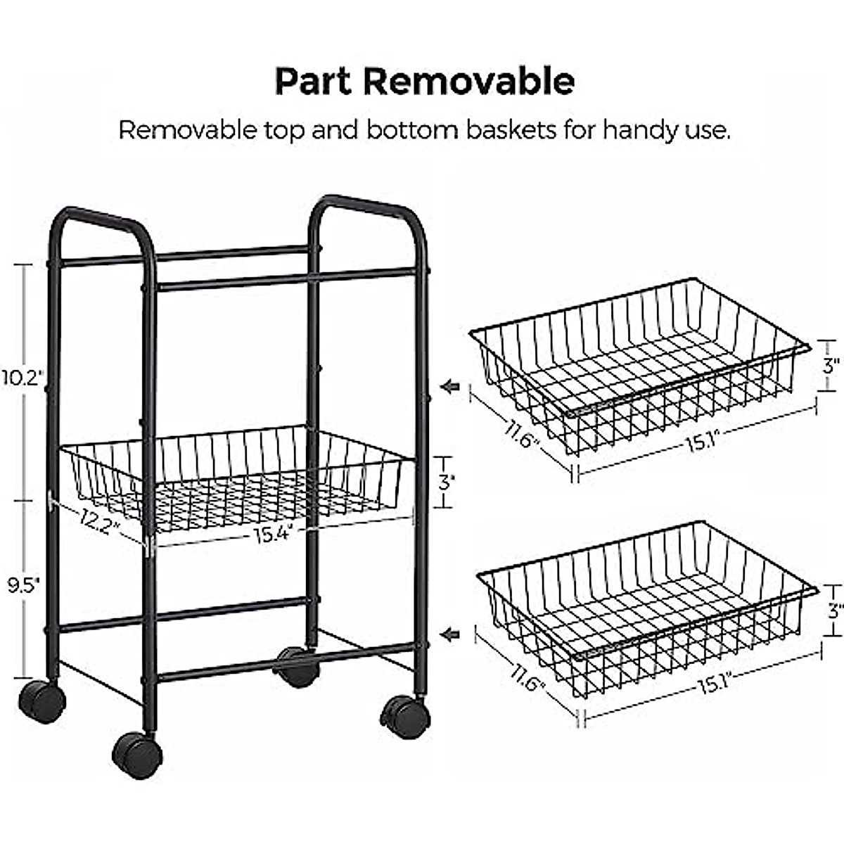 SONGMICS 3-Tier Metal Rolling Cart, Storage Cart with Removable Baskets, Utility Cart with Wheels and Handle, for Kitchen, Bathroom, Laundry Room, Black, UBSC03BK