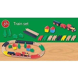 21 Pc Starter Wooden Train Set - Train Tracks & Accessories, Magnetic Trains Cars for Toddlers & Older Kids - Compatible with Major Brand Train Sets