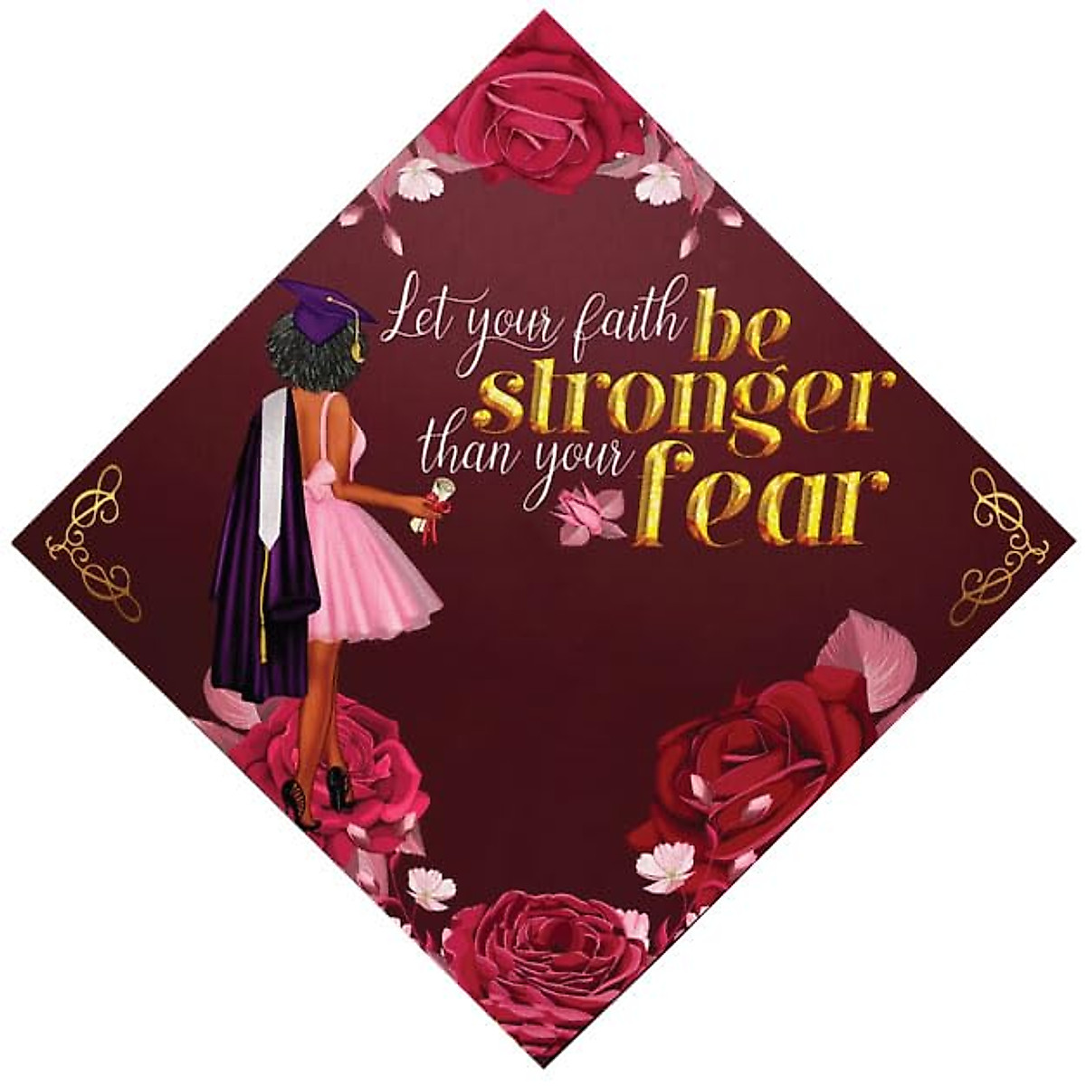 Floral Custom Grad Cap Topper, Grad Cap Decorations and Graduation Hat Accessories, Faith Stronger Than Your Fear