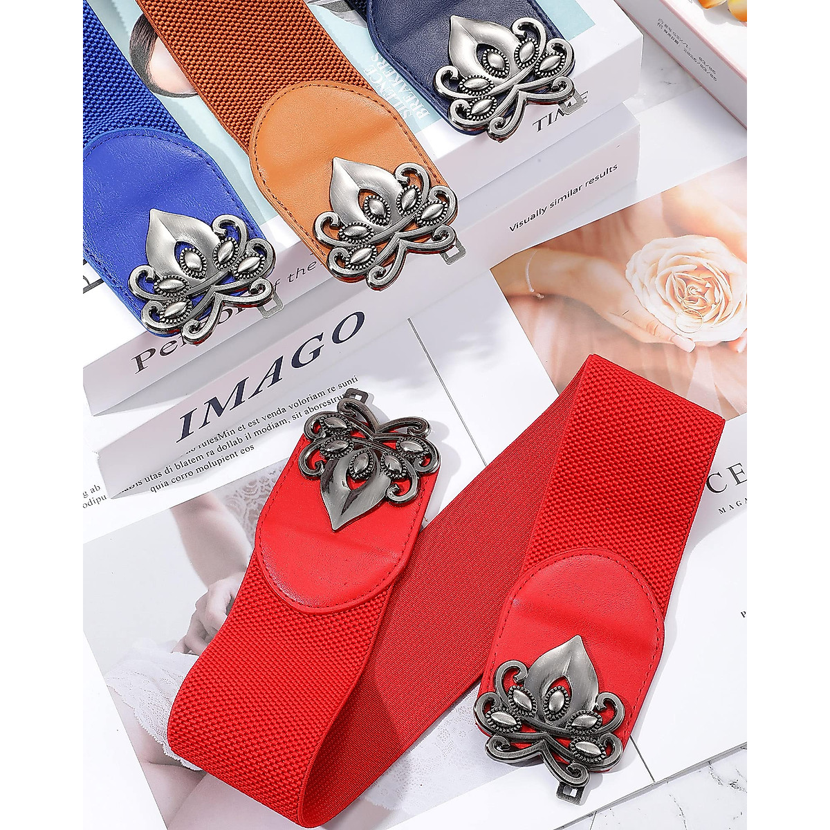 6 Pieces Wide Stretchy Waist Belt Retro Dress Belt Elastic Belt with Buckle PU Leather Belt Vintage Belt for Women