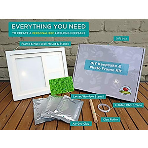 Baby Handprint & Footprint Keepsake Photo Frame Kit - Personalize it w/Bonus Stencil! Non-Toxic Clay, Wall/Table Wood Picture Frame. Perfect Registry, Baby Shower, New Mom, Birthday & Newborn Gift!
