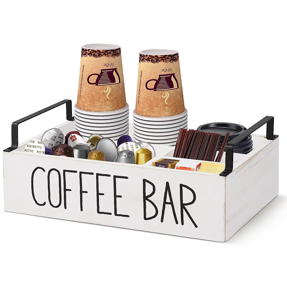 Pitmoly Coffee Station Organizer, Wooden Coffee Bar Accessories Organizer for Countertop, Farmhouse K Cup Coffee Pod Holder with Handle, Rustic Retro Storage Bin for Coffee Tea Bag (White)