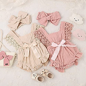 Douhoow Infant Baby Girl Plaid Romper Baby Short Sleeve Pleated Romper Bodysuit Summer Spring Outfits (Beige, 12-18 Months)