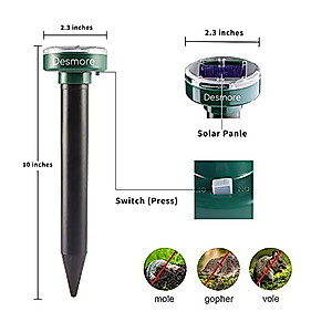DESMORE Solar Sonic mole repellents. The Set Includes 4 Devices That Each Cover 7,500 sq ft, 100% Safe and Humane.Every Purchase Includes a Beautiful Free Stainless Foldable Shovel for Installation.