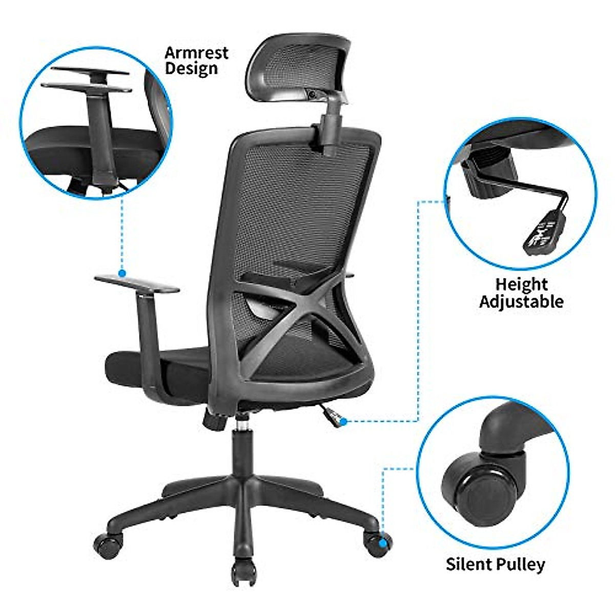 UNICOO - Office Chair Ergonomic High Back Swivel Chair, Mesh Computer Chair, Office Task Desk Chair with Lumbar Support, Backrest and Headrest (W-215C Black)