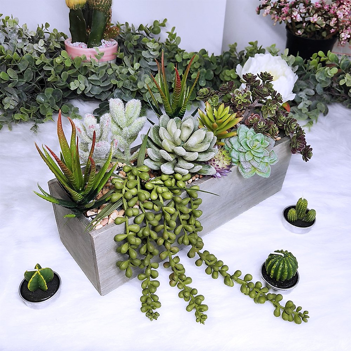 Supla Artificial Potted Succulents Plants Arrangement Fake Succulent Plants in Rectangular Wooden Pot Arrangement for Table Centerpiece Windowsill Greenery Decor