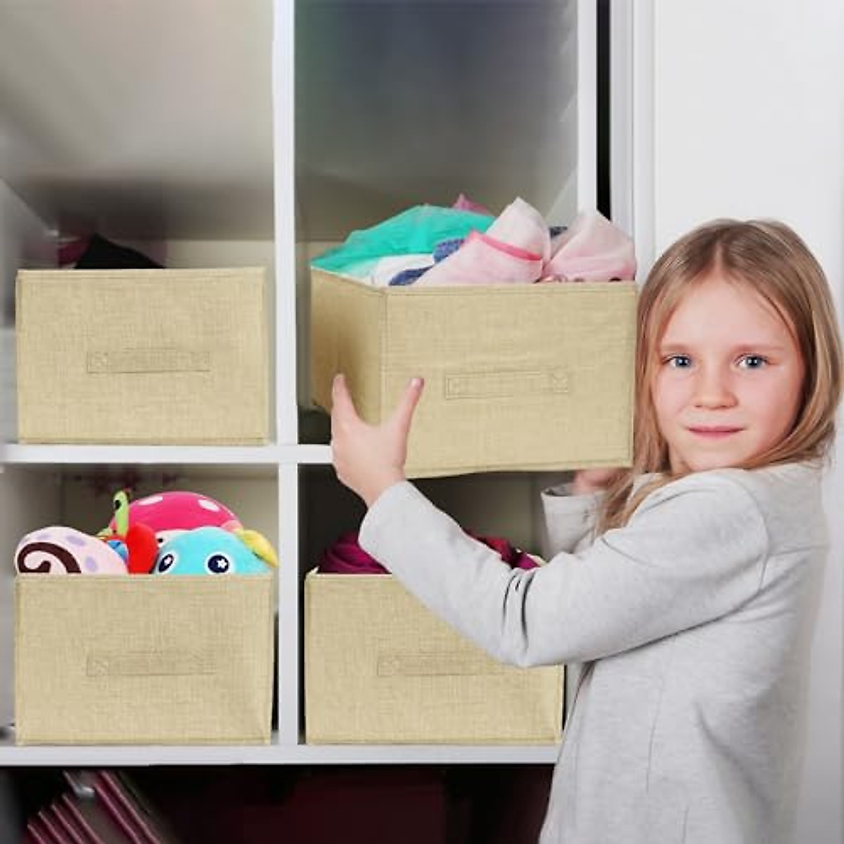 Open Storage Bins with Handle BOPEY Clothes Organizer Container Linen Fabric Foldable Basket for Home Closet Shelves Nursery Toys Books Beige Large 3-pack (BP006)