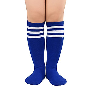American Trends Kids Soccer Socks for Toddler Boys Girls Knee High Socks Stripes Cotton Sport Long Tube Sock 1 Pair Blue White