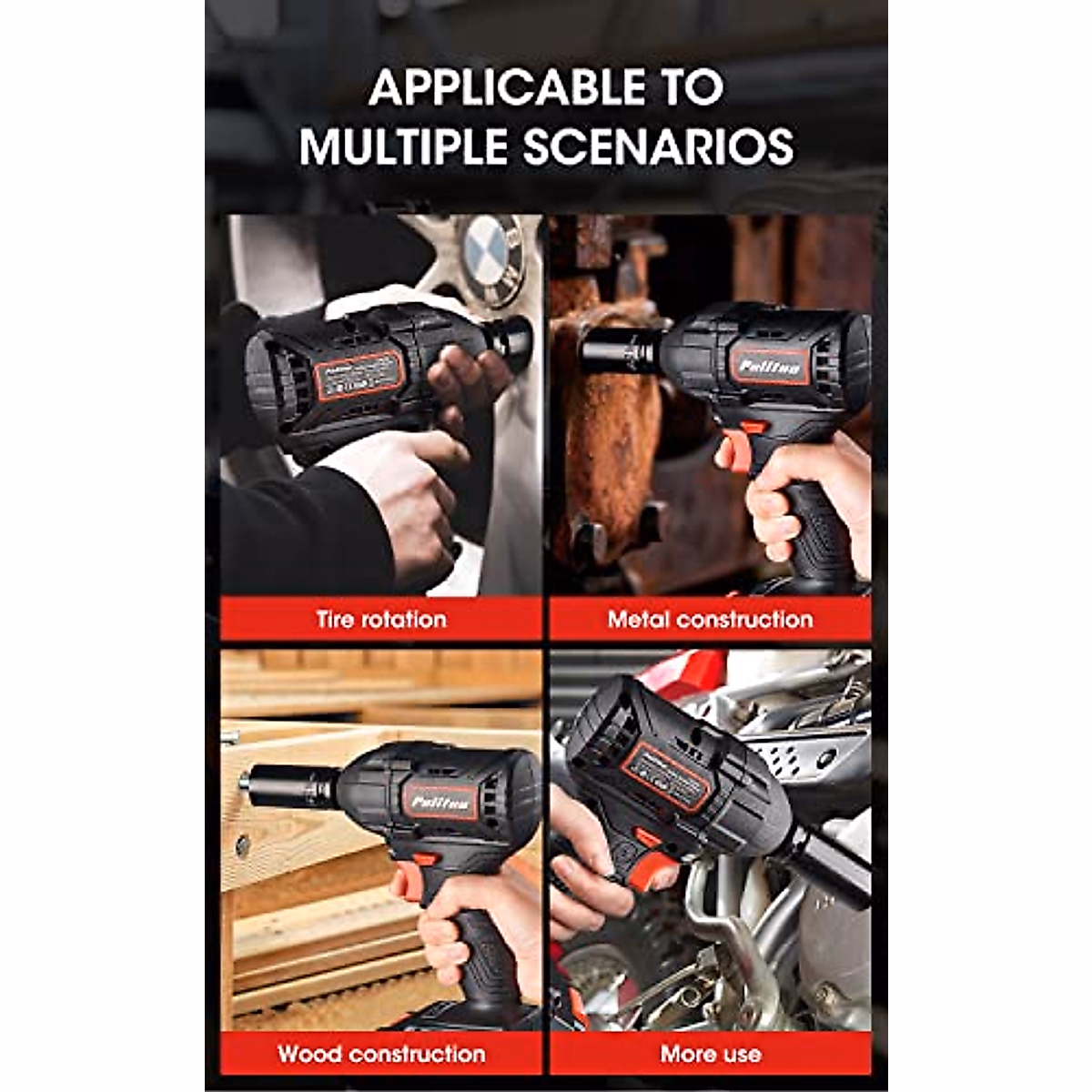 PULITUO Cordless Impact Wrench 1/2 Inch, 20V Electric Brushless Impact Driver Kit w/ 4.0A Li-ion Battery, 4 Pcs Drive Impact Sockets and 1 Hour Fast Charger, High Torque Impact Gun 300ft-lb(400N.m)