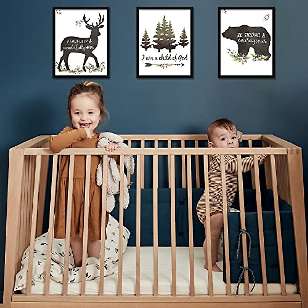 KAIRNE Framed Woodland Motivational Quote Wall Decor, Bible Verse Wall Art for Baby Room Classroom,Set of 3 8X10inch Adventure Woodland Canvas Decor with Black Frame