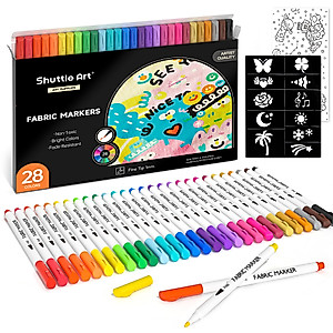 28 Colors Fabric Markers, Shuttle Art Fabric Markers Permanent Markers for T-Shirts Clothes Sneakers Jeans with 11 Stencils 1 Fabric Sheet,Permanent Fabric Pens for Kids Adult Painting Writing