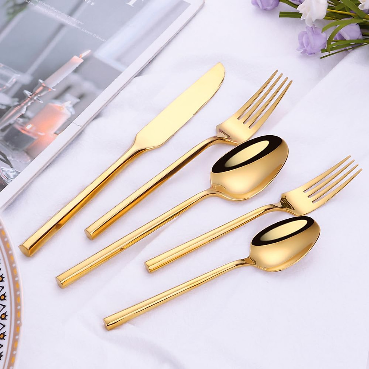 Aimilan 30 Piece Gold Flatware Set Service for 6, 18/10 Stainless Steel Hexagonal diamond Handle Silverware Set, Thickened tableware Cutlery Set, Mirror Polished, Dishwasher Safe