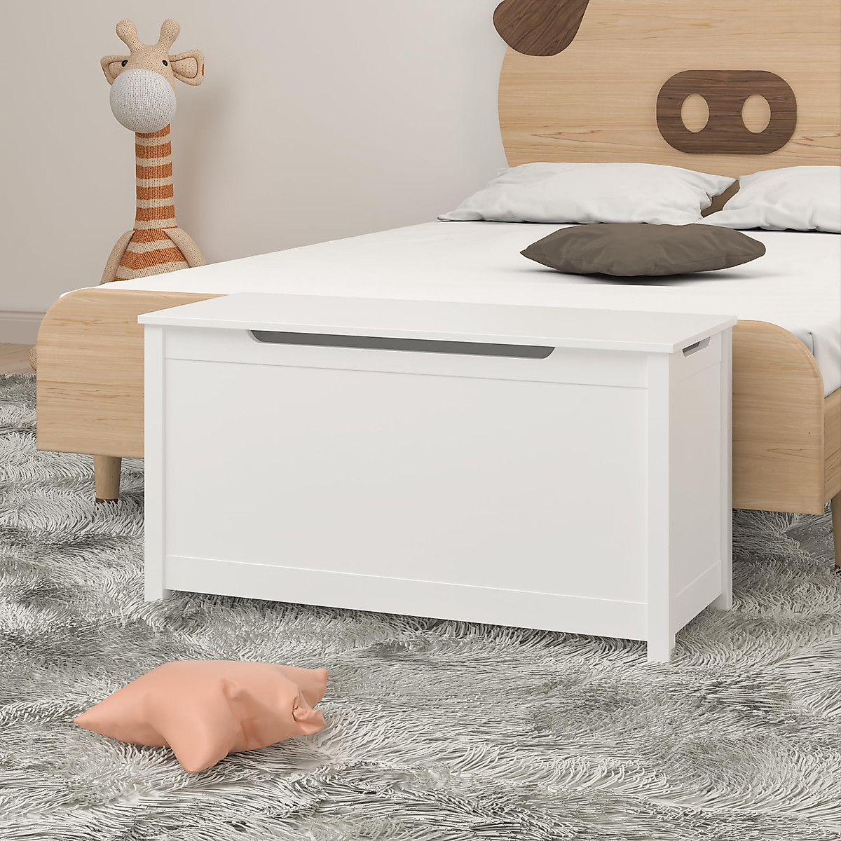 Mancofy Kids Wooden Toy Box Storage, Wooden Toy Chest/Bench for Girls Boys, Wooden Storage Organizer with Safety Hinged Lid for Ages 3+, Children's Furniture (White)