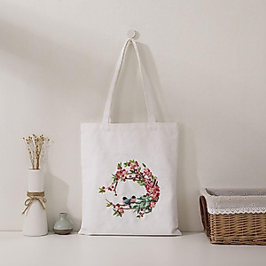 Stamped Embroidery Tote Bag Kits with Birds and Pink Flowers Pattern Hoops Threads Needlework Art Reusable Shopping Storage Canvas Handbag Cross Stitch Kits for Woman Home Organizer