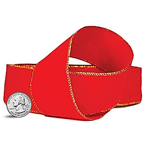 Red Velvet Ribbon Velvet Christmas Ribbon Red Wired 50 Yards/2.5 (2 1/2) Inch Wide w. Gold Trim Wire-Edge: Valentine, Xmas Gift Wrap, Christmas Tree Bows / Outdoor/ Wire Ribbons for Crafts/Gifts