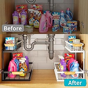 Bravace Under Sink Organizer and Storage - 2-Tier Pull Out Cabinet Organizer with Sliding Drawer L-shape Sliding Shelf Storage Under Bathroom Sink Storage for Kitchen Bathroom(White)