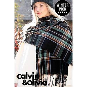 CALVIN & OLIVIA Women's Fall Winter Scarf Thick Classic Plaid Scarf Wrap Warmth Soft Oversized Cashmere Feel Scarves Amazing Tartan Black Green