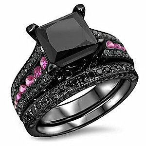 Princess & Round Cut Black Diamond & Pink Sapphire 14K Black Gold Plated 925 Sterling Silver Gothic Classic Black Bridal Set For Women's. (8)