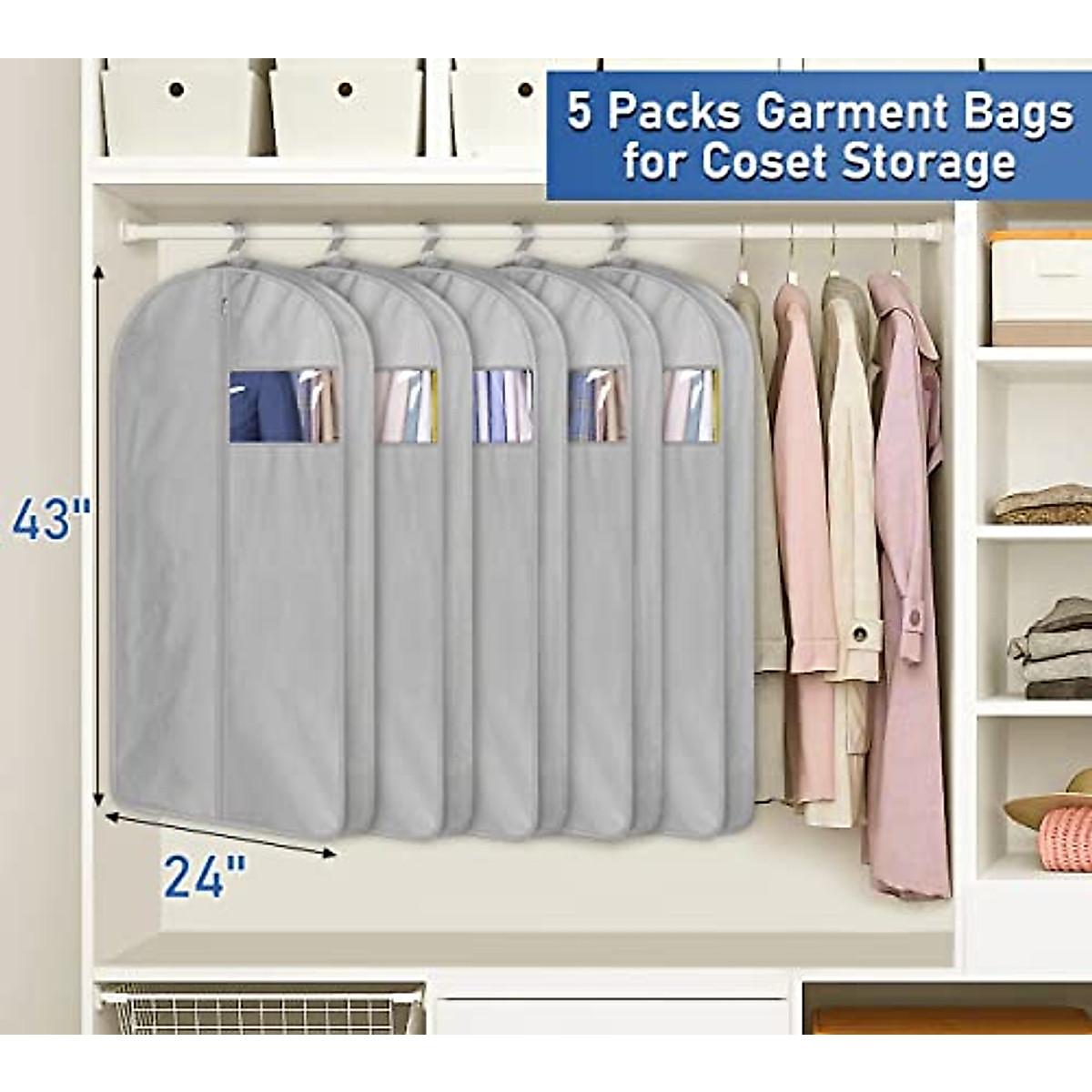 AOODA 43" Garment Bags for Hanging Clothes, Gusseted Suit Bags for Closet Storage Mens Clothes Cover with Handles for Coat, Jackets, Shirts (5 Packs)