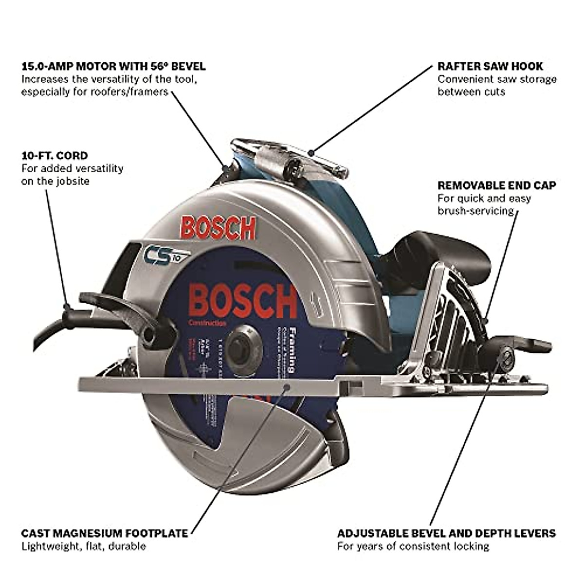 BOSCH CS10 15 Amp Circular Saw 7-1/4 Inch Blade 0-56 Degree Bevel Capacity, 120 Volt