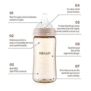 MOYUUM PPSU All in One Feeding Bottle, Stage 2, Medium Flow, 9oz (Beige)