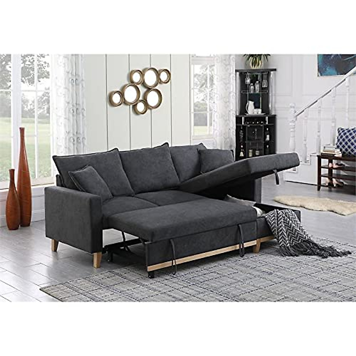 Lilola Home Colton Dark Gray Woven Reversible Sleeper Sectional Sofa with Storage Chaise