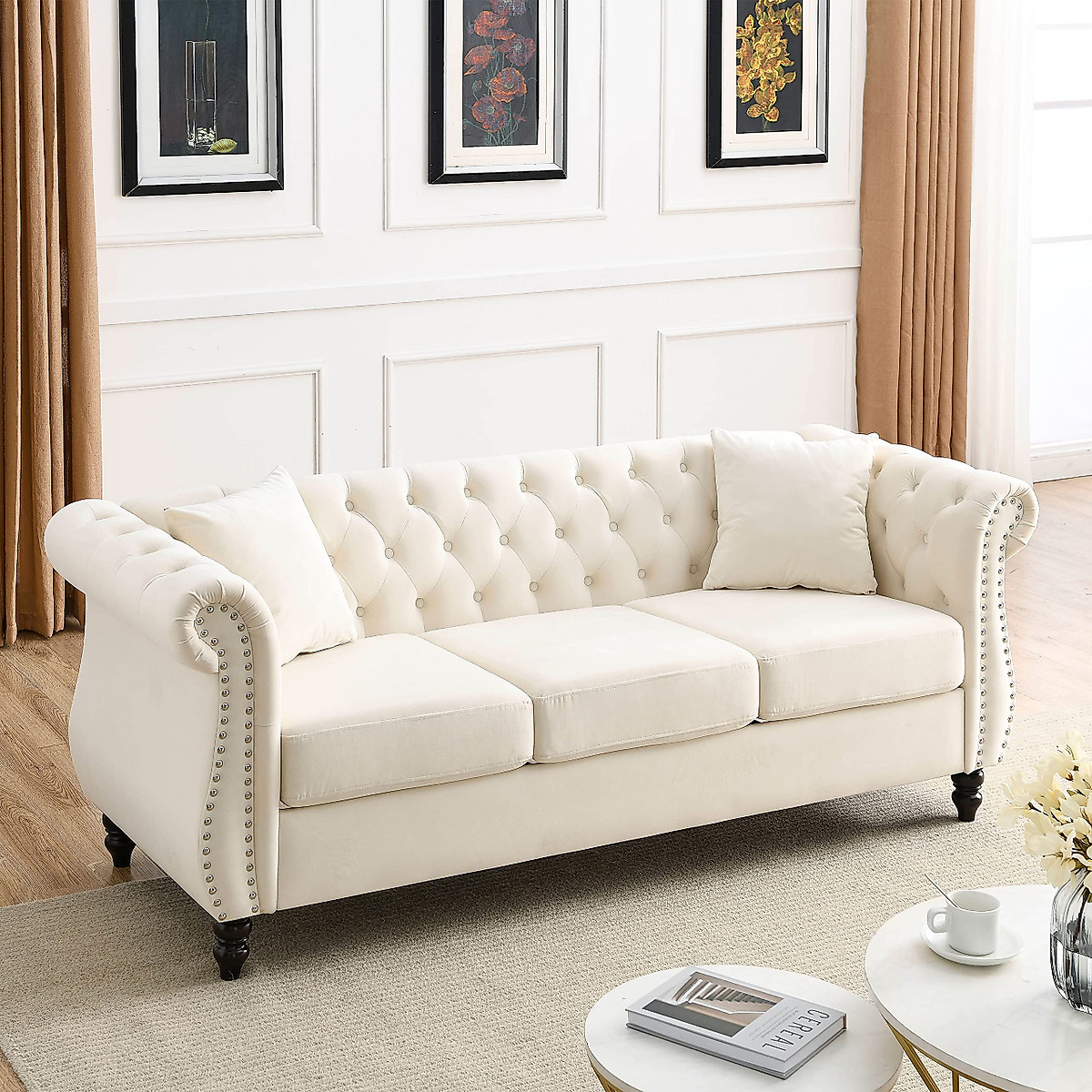 WILLIAMSPACE 80" Chesterfield Sofa Beige Velvet for Living Room, 3 Seater Sofa Tufted Couch with Two Pillows, Rolled Arms and Nailhead for Living Room, Bedroom, Office, Apartment - Beige Velvet