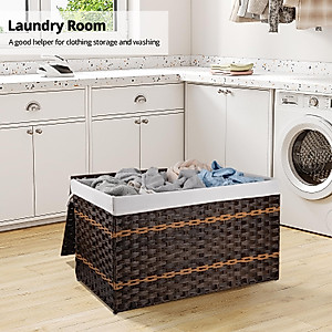 OIAHOMY Extra Large Storage Basket with Lid, 42.3 Gallon (160L) Blanket Basket with Removable Liner Bag, Wicker Basket with Handle, Foldable, Handwoven Basket for Bedroom, Living Room, Brown