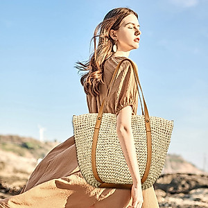 Gets Handmade Beach Bag for Women Straw Bag Handwoven Natural Summer Shoulder Bag (Beige)